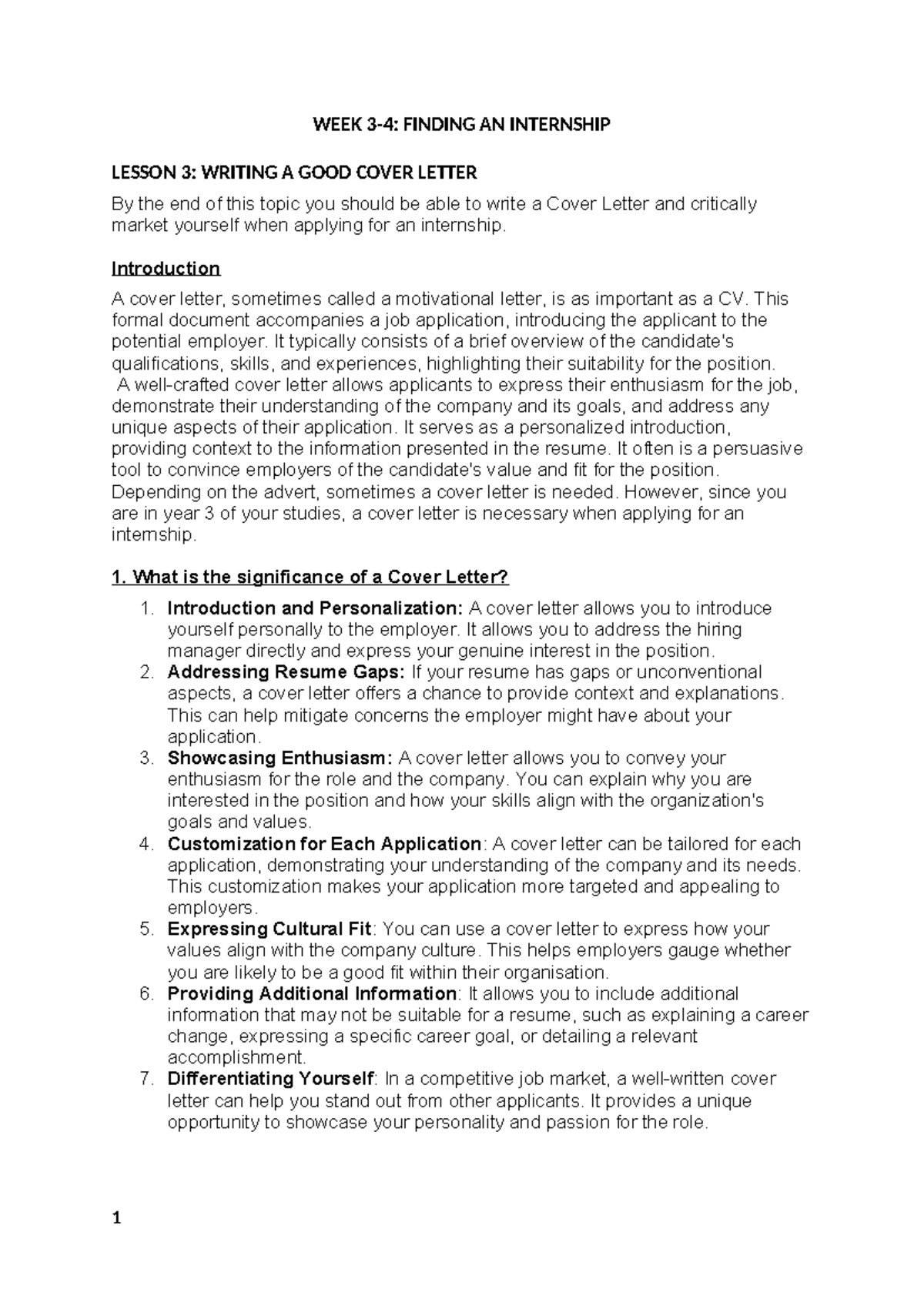 WEEK 3-4 Finding an internship - WEEK 3-4: FINDING AN INTERNSHIP LESSON ...