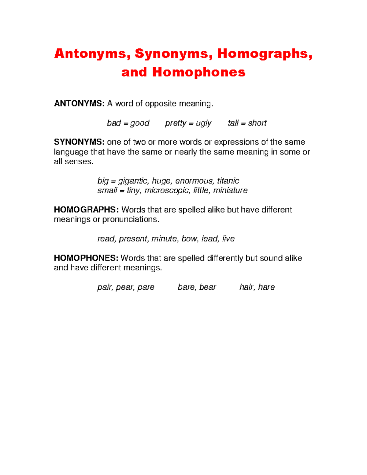 English Lessons - Antonyms, Synonyms, Homographs, and Homophones ...