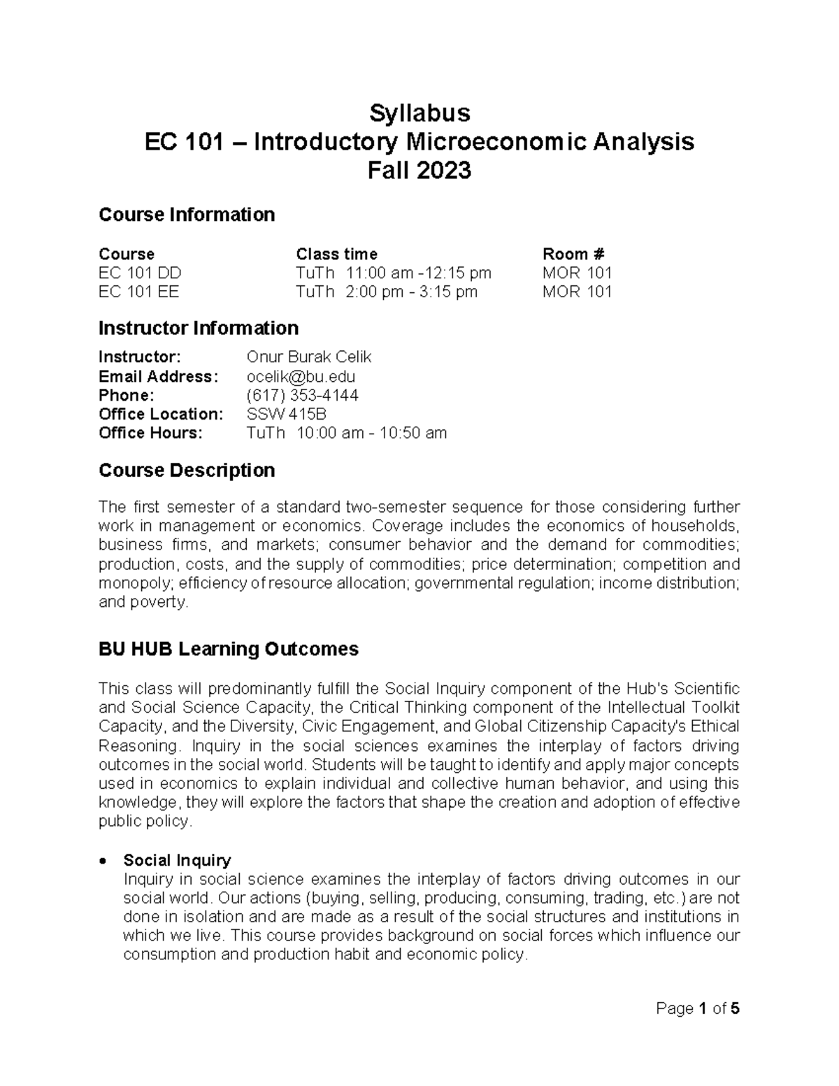 EC 101 - Introductory Microeconomic Analysis Syllabus Fall 2023 ...
