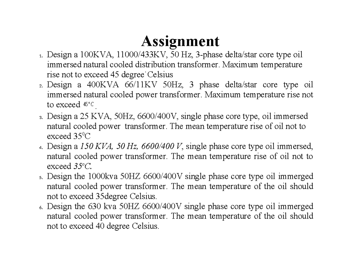 Power system design - notes - Assignment 1. Design a 100KVA, 11000 ...
