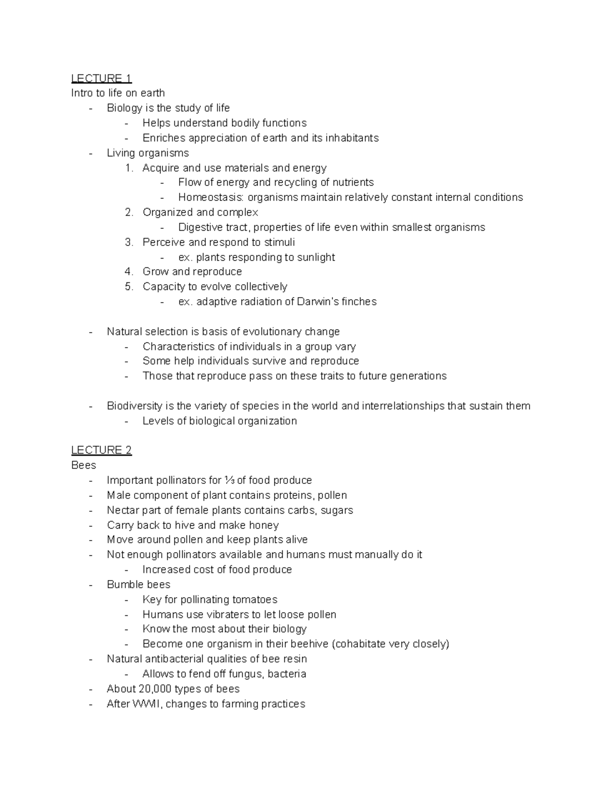 Biology Notes - LECTURE 1 Intro to life on earth - Biology is the study ...