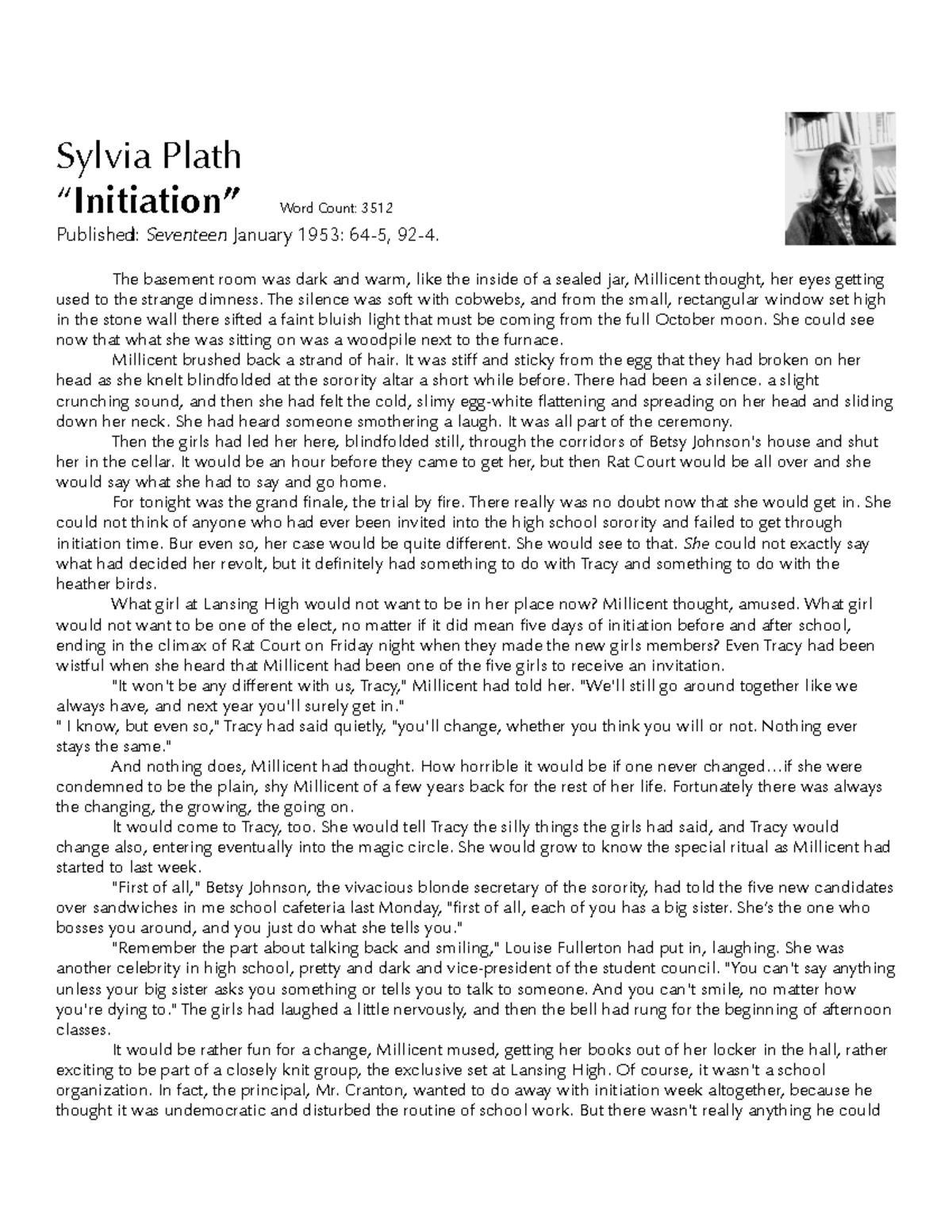 Initiation - story - Sylvia Plath “Initiation” Word Count: 3512 ...