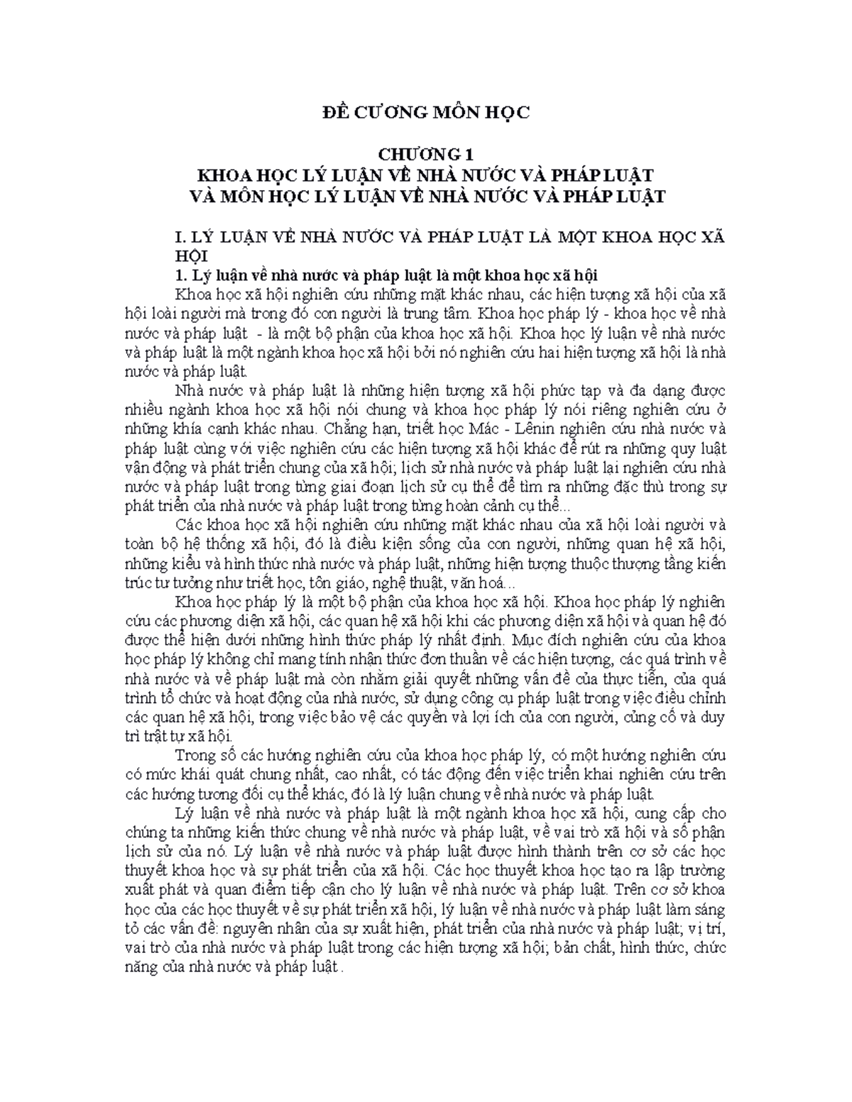 Đề cương chi tiết Lý luận NN và PL(gởi LK26) - ĐỀ CƯƠNG MÔN HỌC CHƯƠNG 1 KHOA HỌC LÝ LUẬN VỀ NHÀ ...