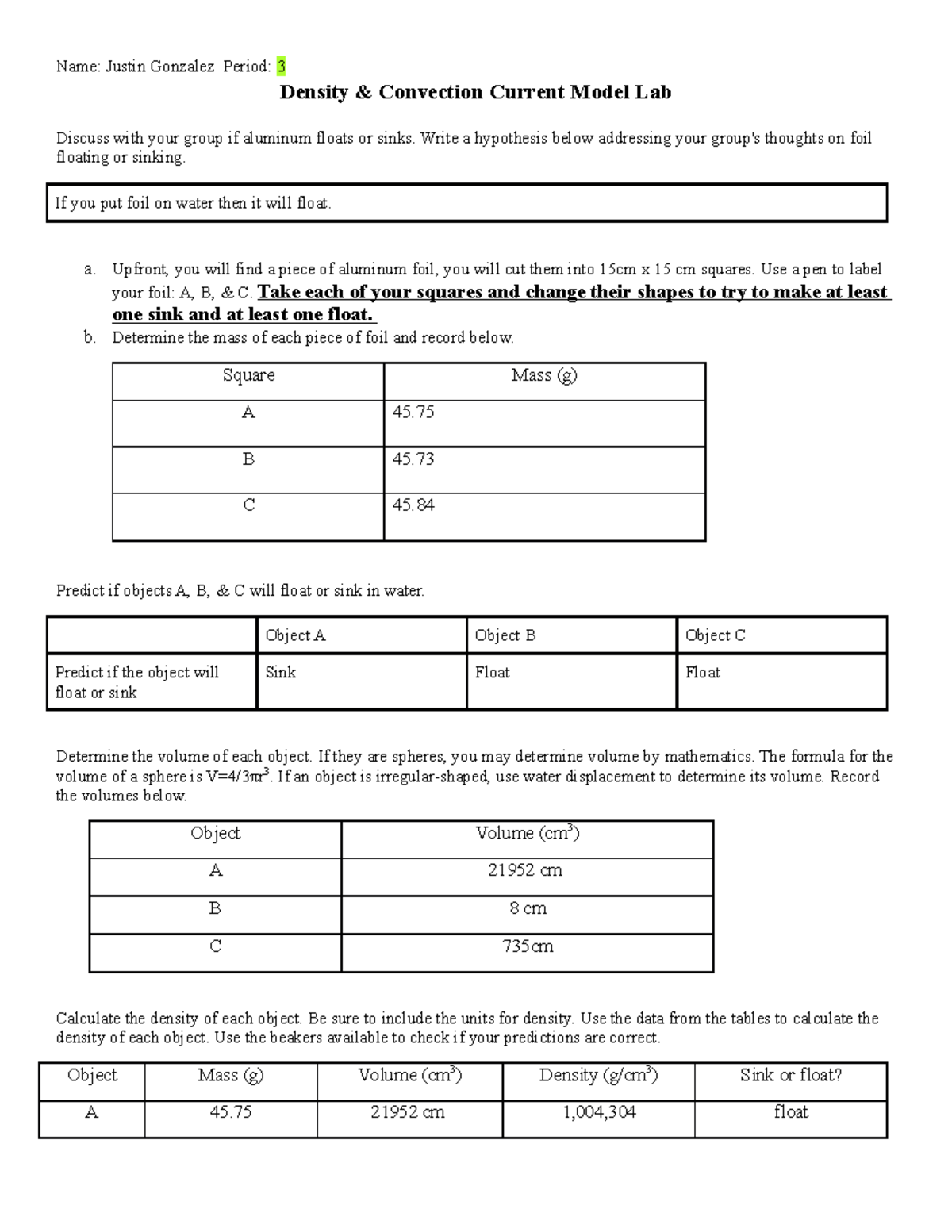 Copy of Convection Current Phenomenon & Density Lab Activity - Name ...
