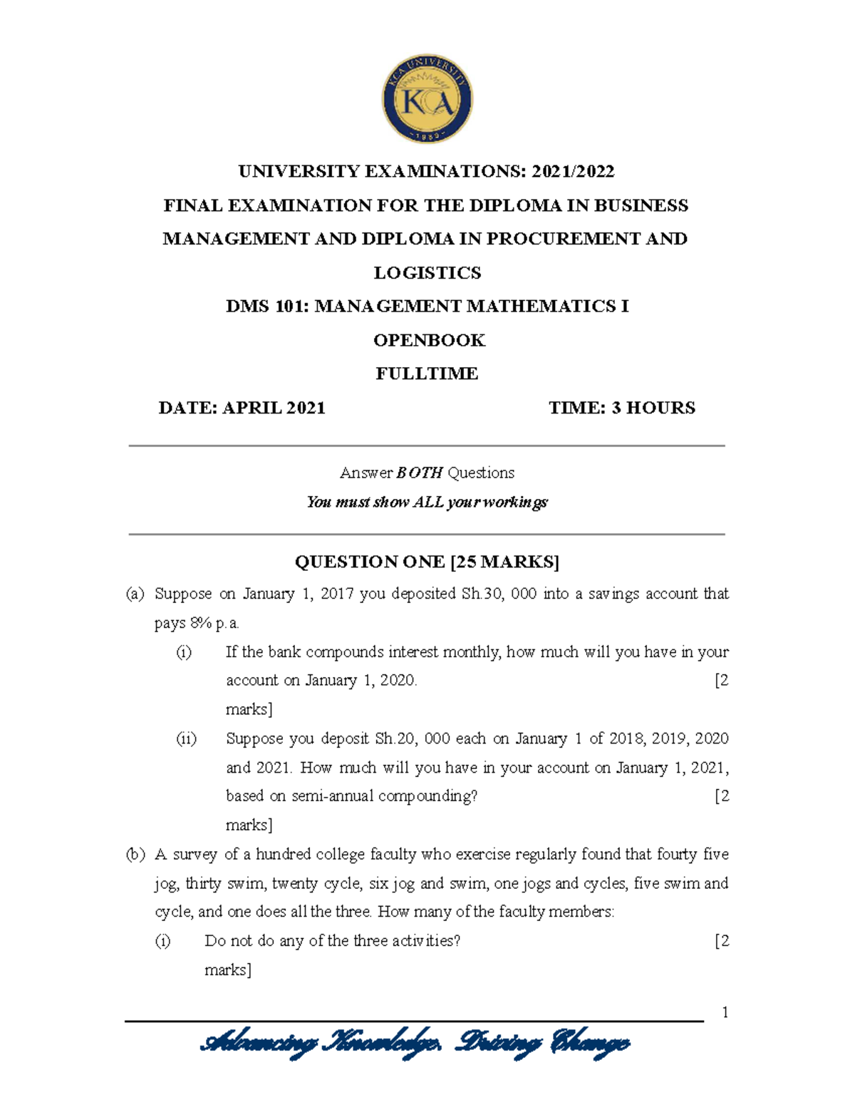DMS 101 Management Mathematics I Mandatory Assignment by Dr.stephen ...