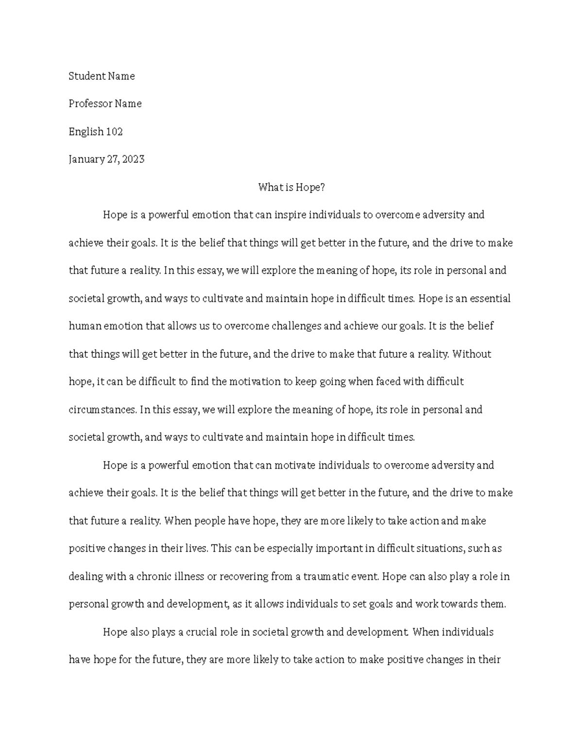 What is Hope - Essay topic - What is Hope? - Student Name Professor ...