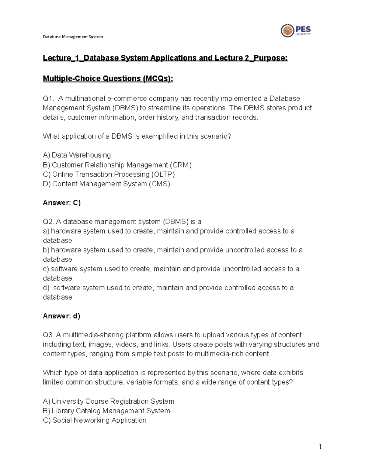 Unit 1 QB DBMS - its a question bank - Lecture_1_Database System Applications and Lecture 2 ...