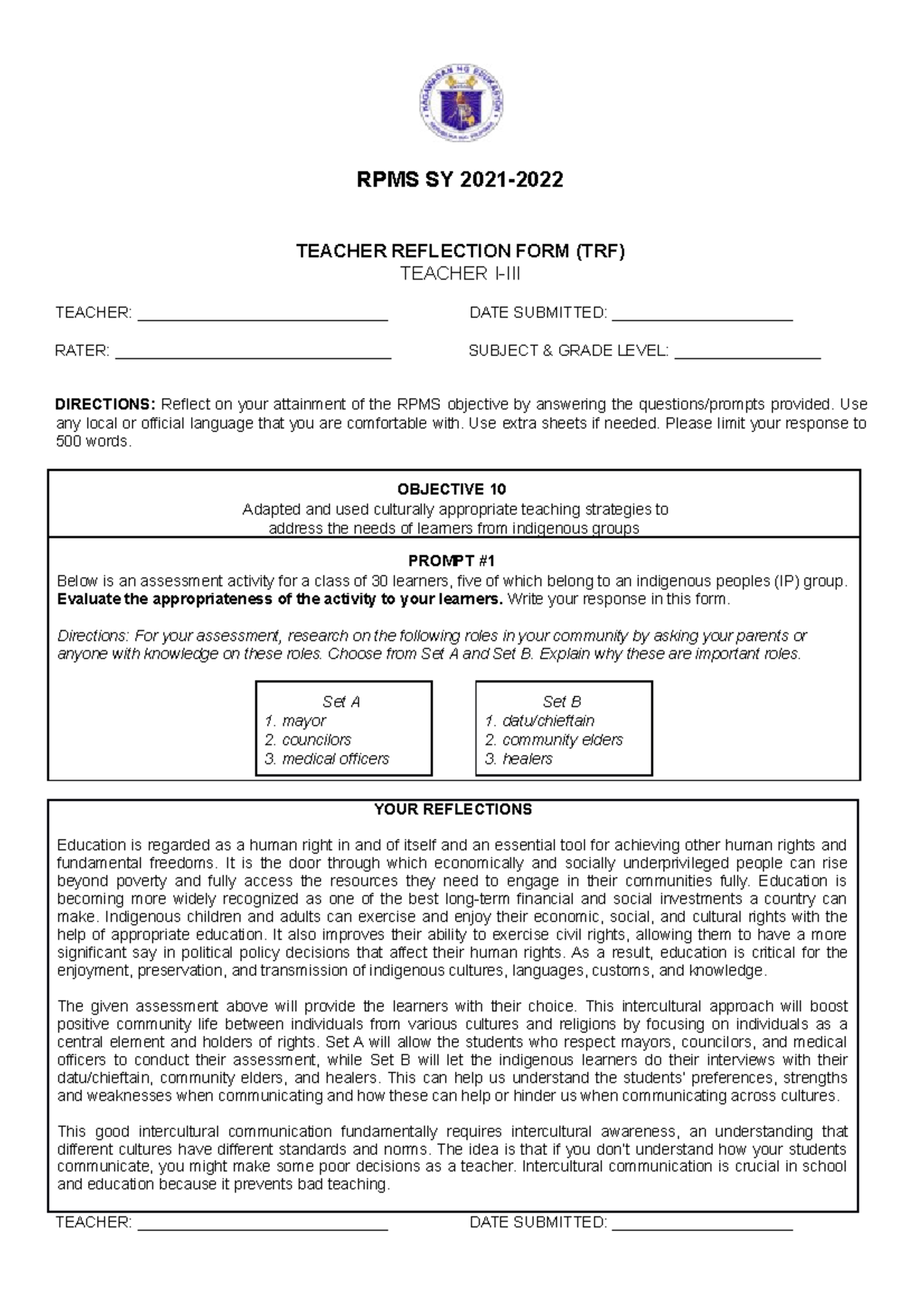 TRF MOVS FOR Objective 10 - RPMS SY 2021- TEACHER REFLECTION FORM (TRF ...