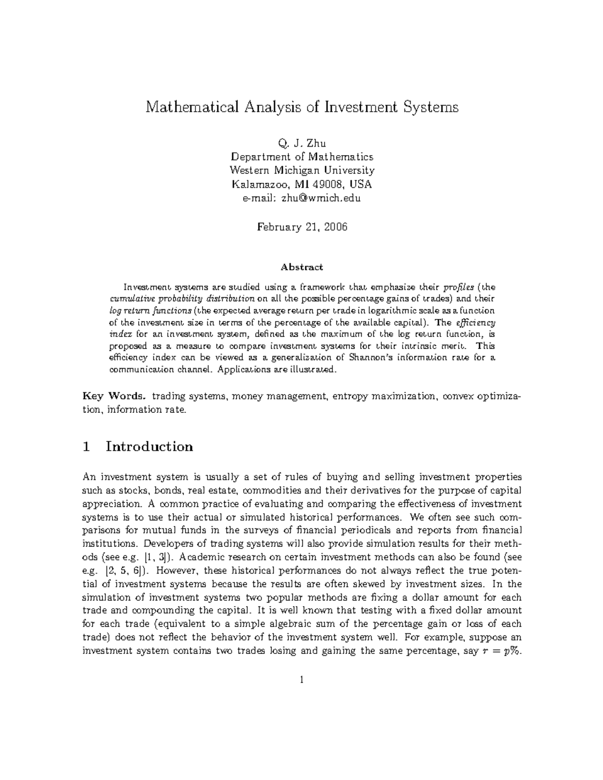Mathematical analysis of investment syst - Mathematical Analysis of Investment Systems Q. J. Zhu ...