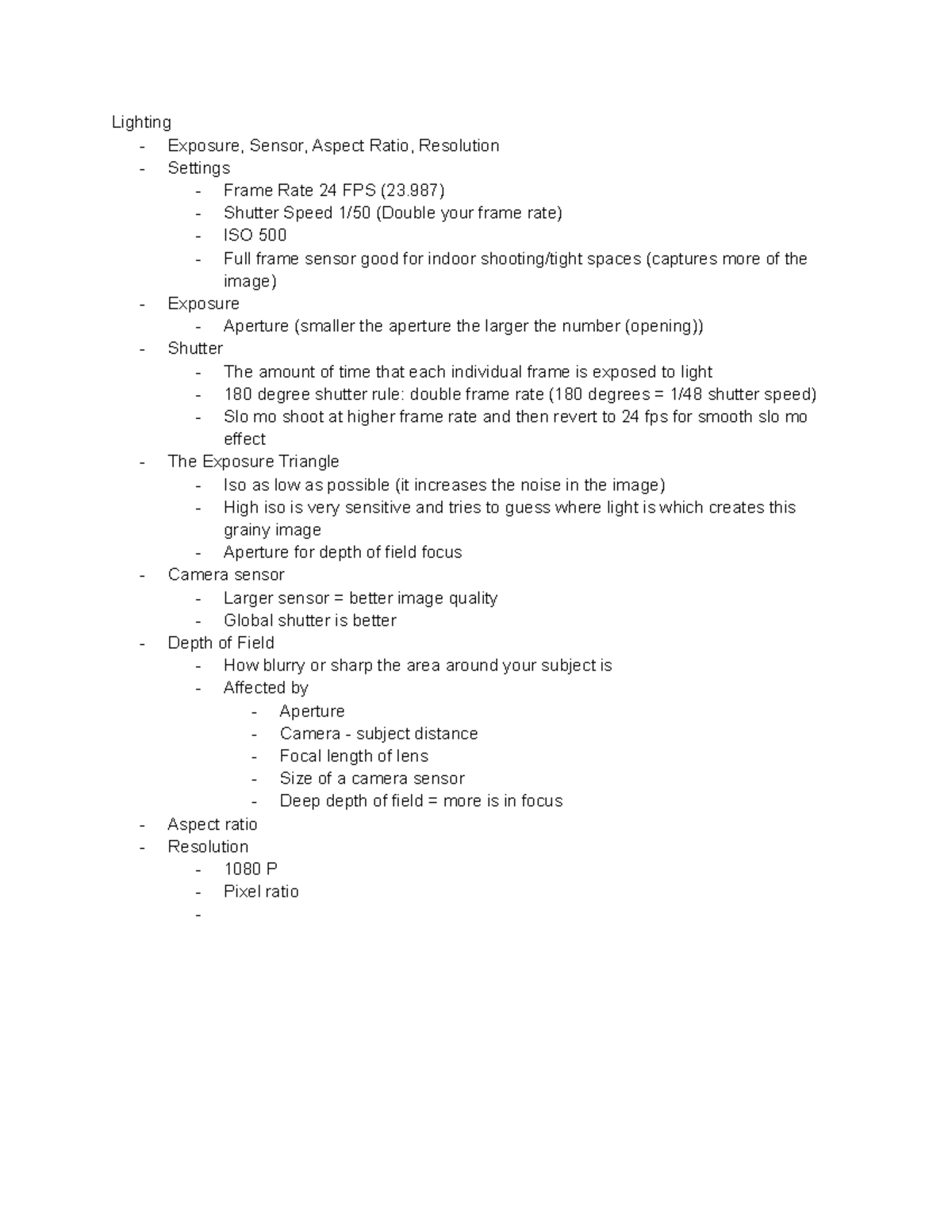 Cinematography Lighting Notes - Lighting - Exposure, Sensor, Aspect ...