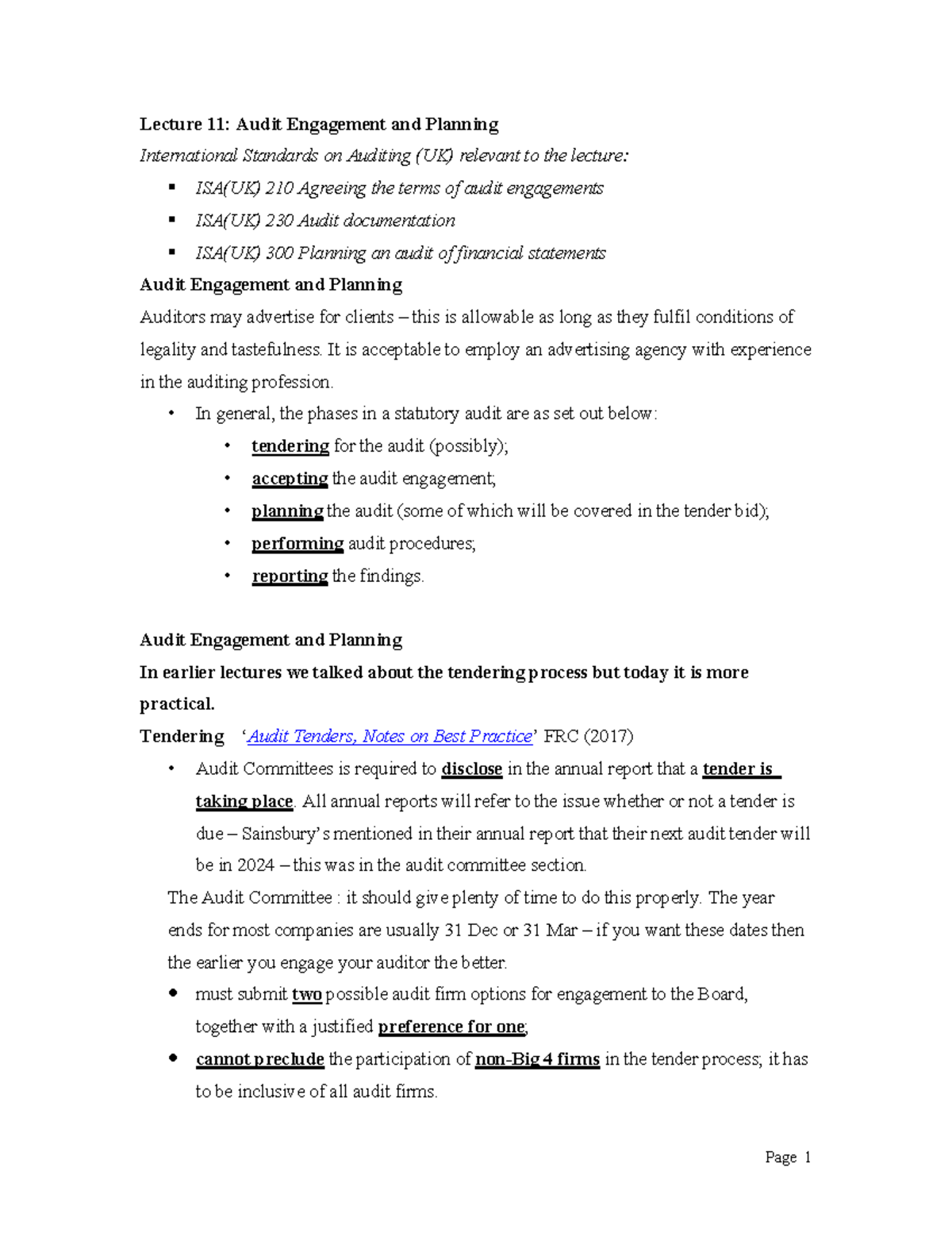 Lecture 11 Notes Audit Engagement And Planning The Audit Lecture 11 Audit Engagement And