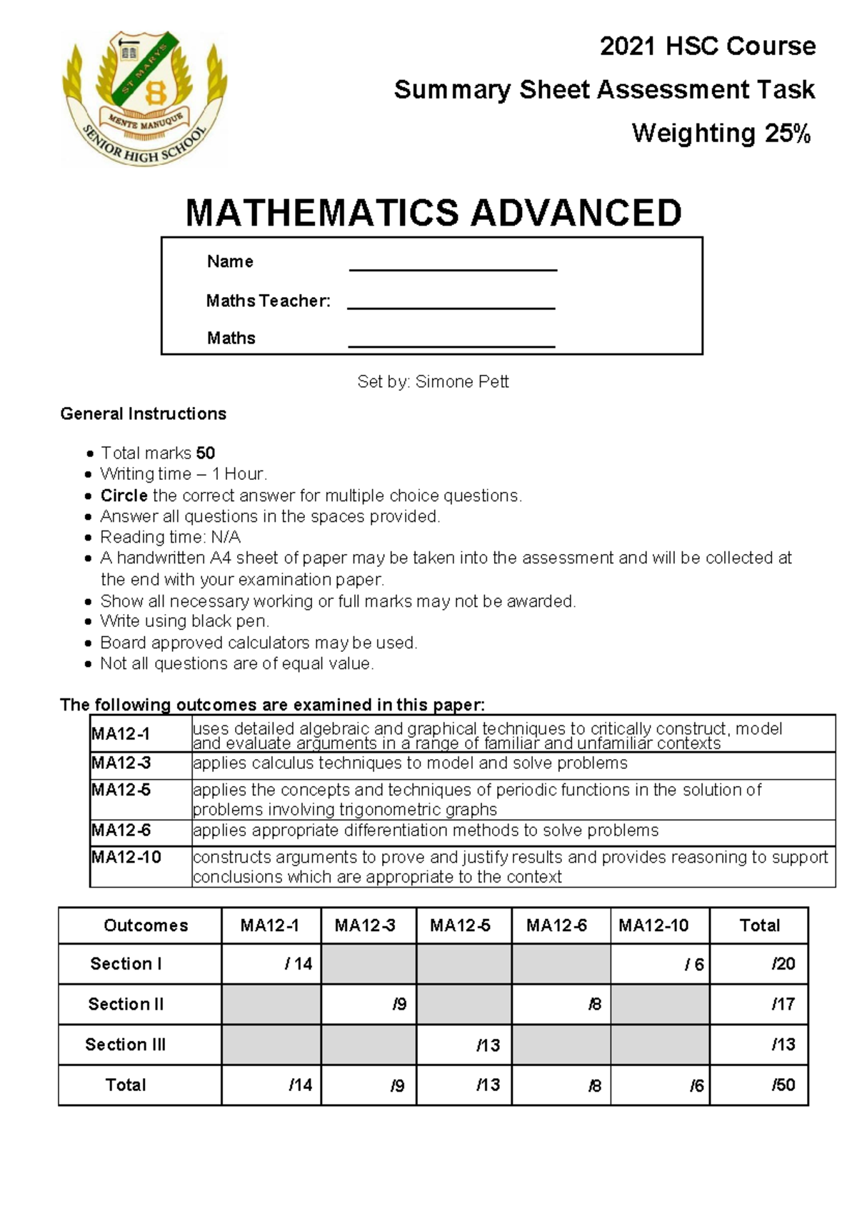 2021 12MAT Summary Sheet Assessment AND solutions - 2021 HSC Course ...