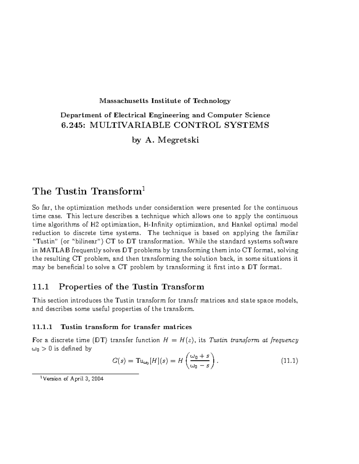 The Tustin Transform (PDF) - Massachusetts Institute of Technology ...