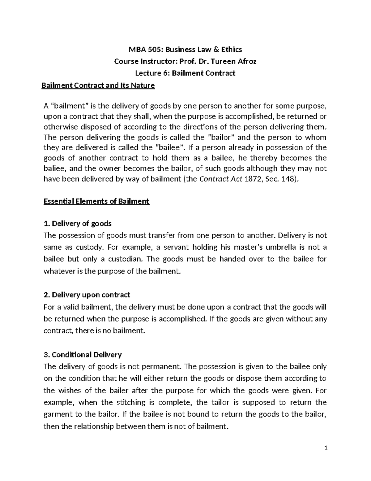 LEC 6a - Bailment Contract - MBA 505: Business Law & Ethics Course ...