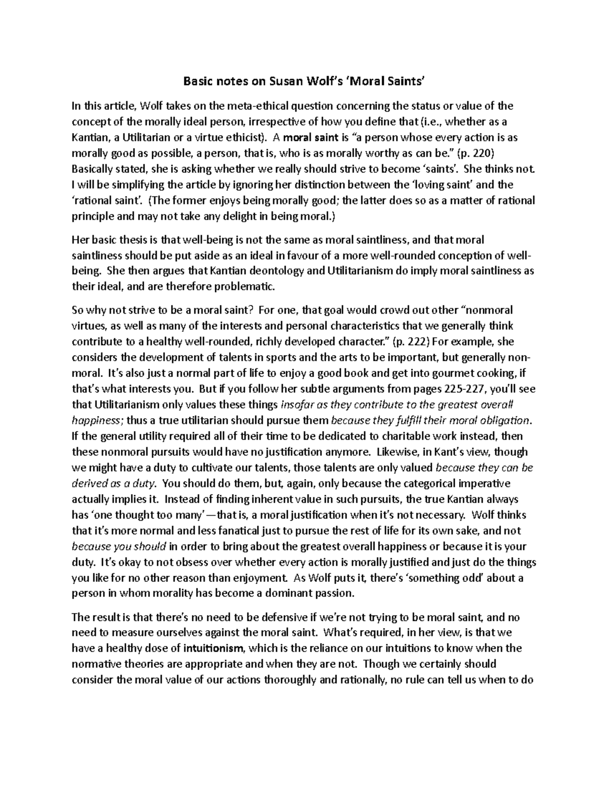 Basic notes on Wolf - Wolf - Basic notes on Susan Wolf’s ‘Moral Saints ...