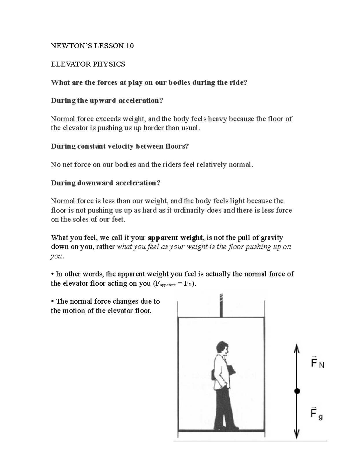 Newtons lesson 10 - lol - NEWTON’S LESSON 10 ELEVATOR PHYSICS What are ...