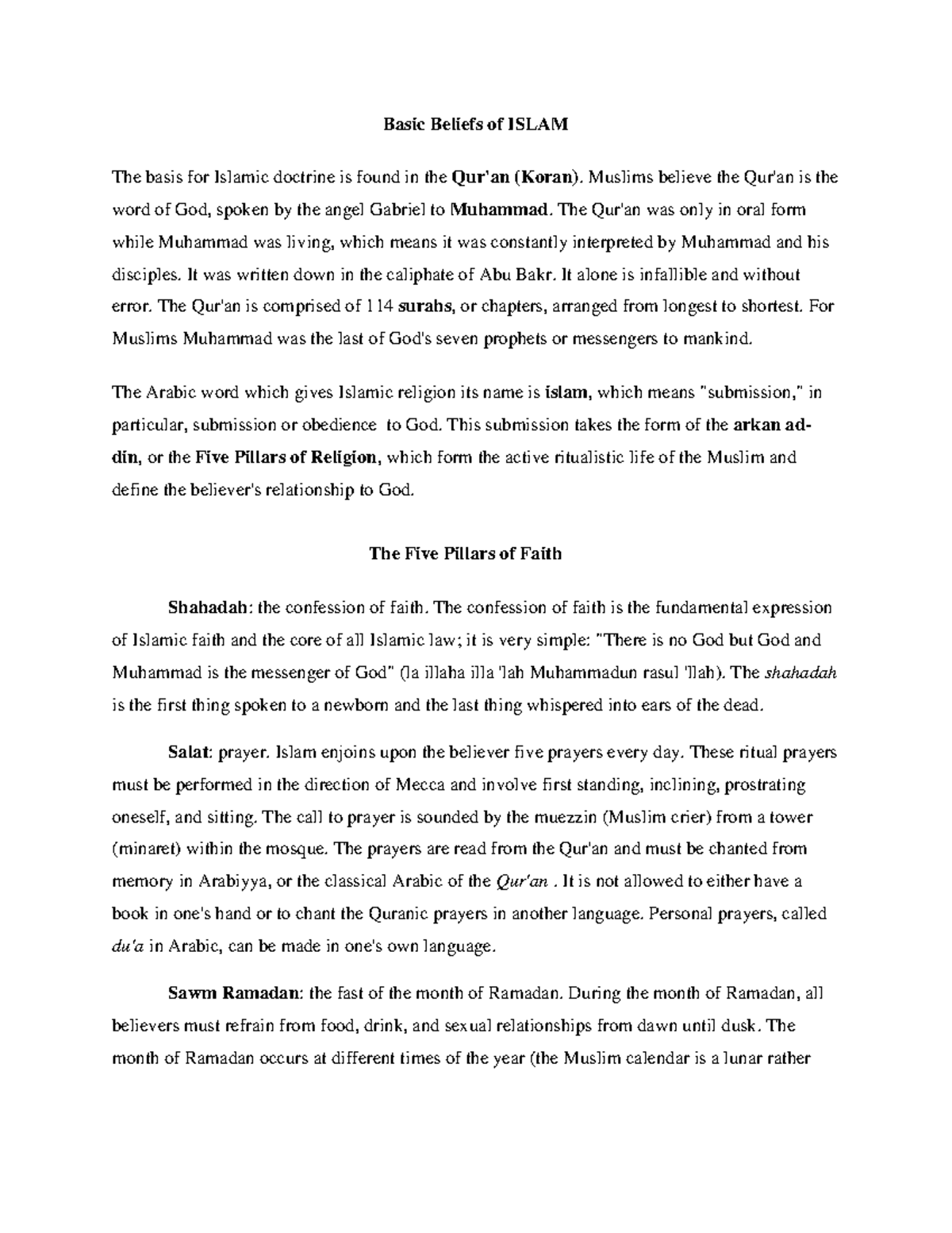 Basic Beliefs of Islam - Lecture notes 1-2 - Basic Beliefs of ISLAM The ...