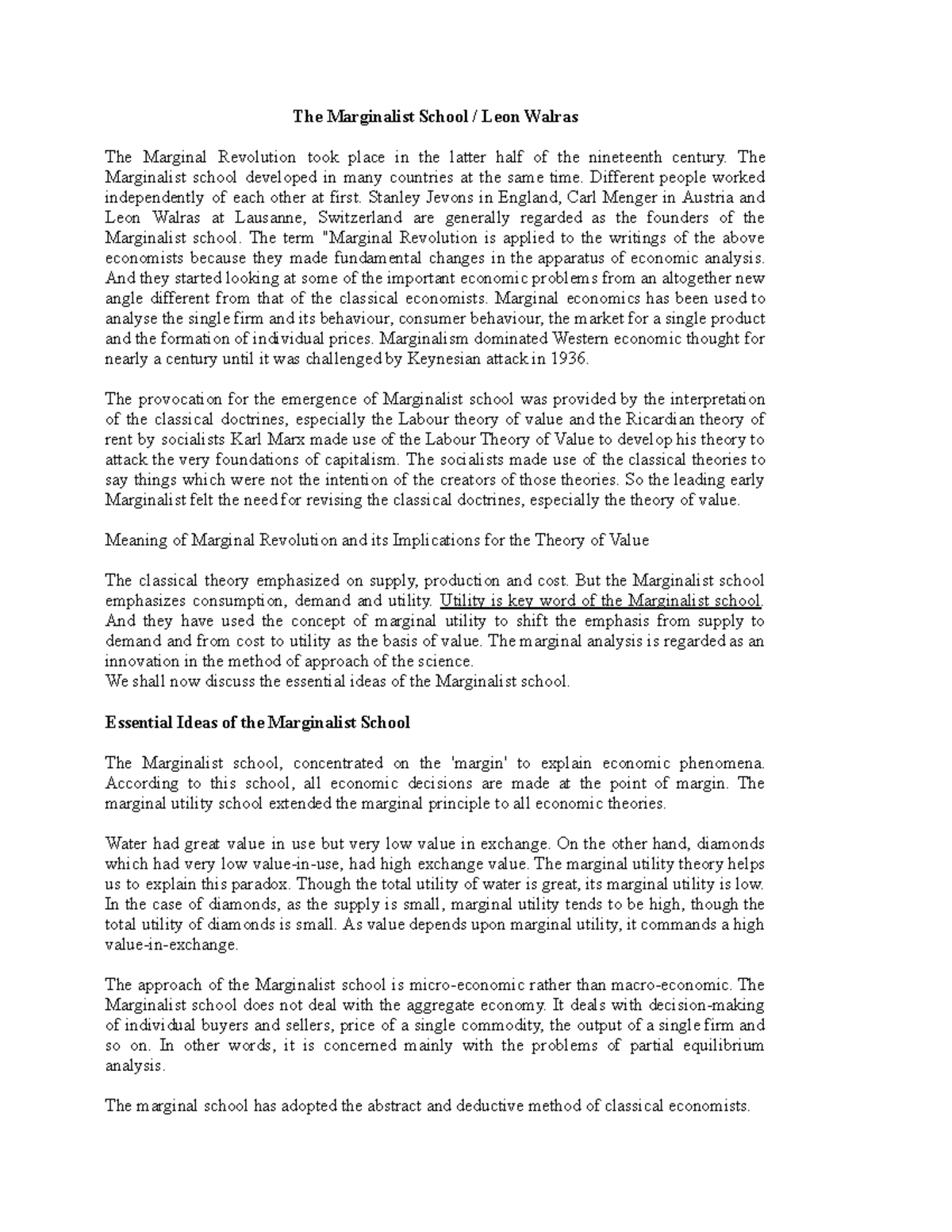 Marginalist- Walras - 1 st sem - The Marginalist School / Leon Walras ...