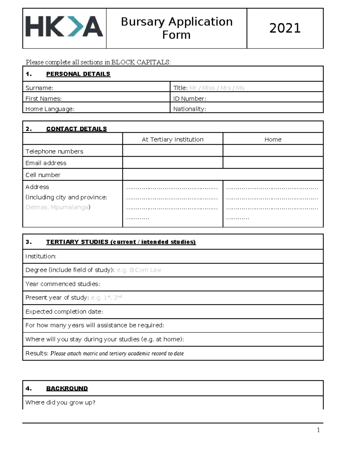 HKA Bursary Application Form - Bursary Application Form 2021 Please ...