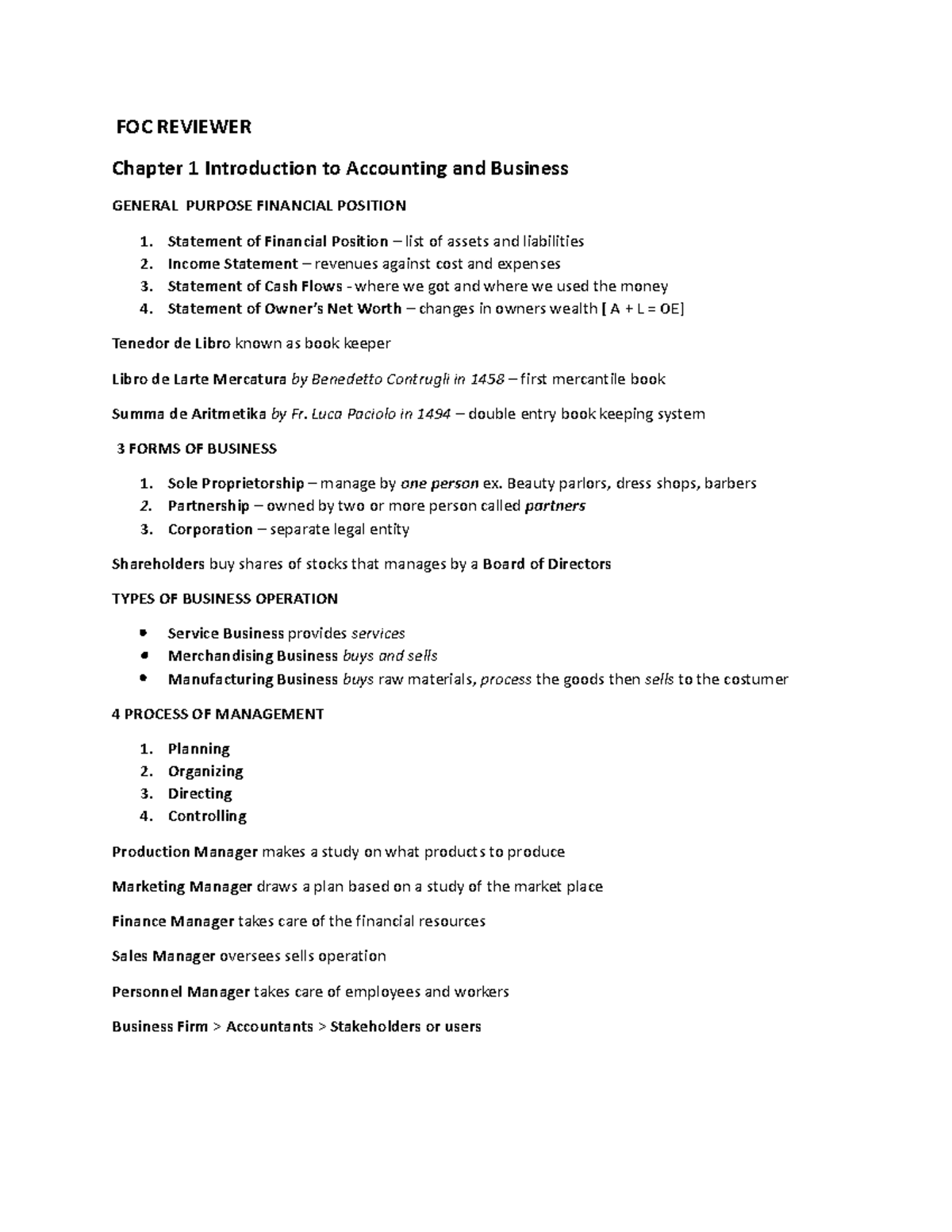 FOC Reviewer - FOC REVIEWER Chapter 1 Introduction to Accounting and ...