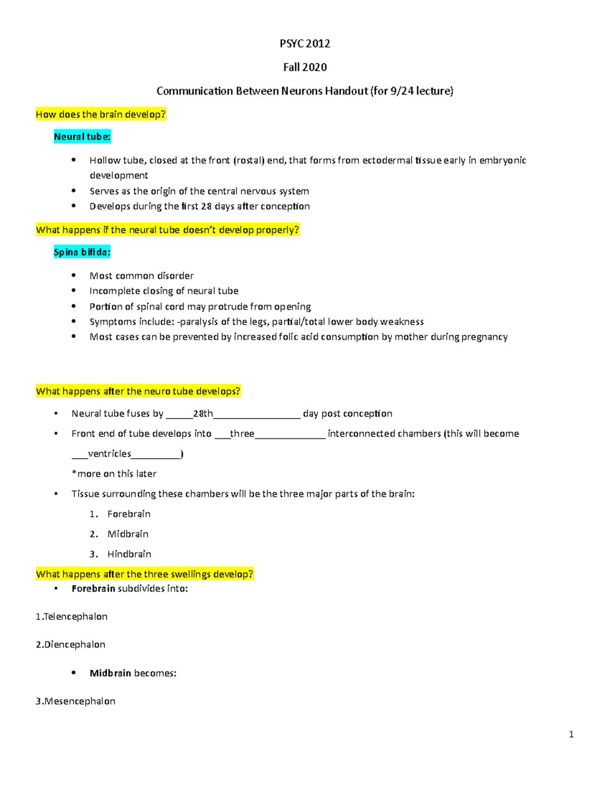 PSYC 2012 Development of the Nervous System (pt 1) Handout (9-24 ...