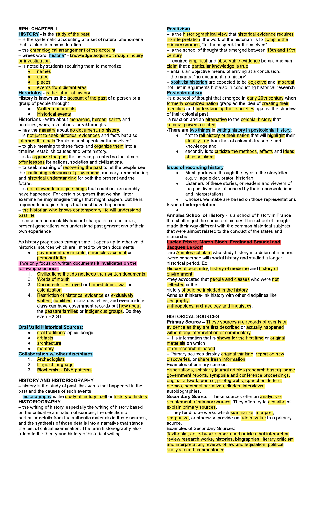 RPH- Notes - study tarong - RPH: CHAPTER 1 HISTORY - is the study of ...