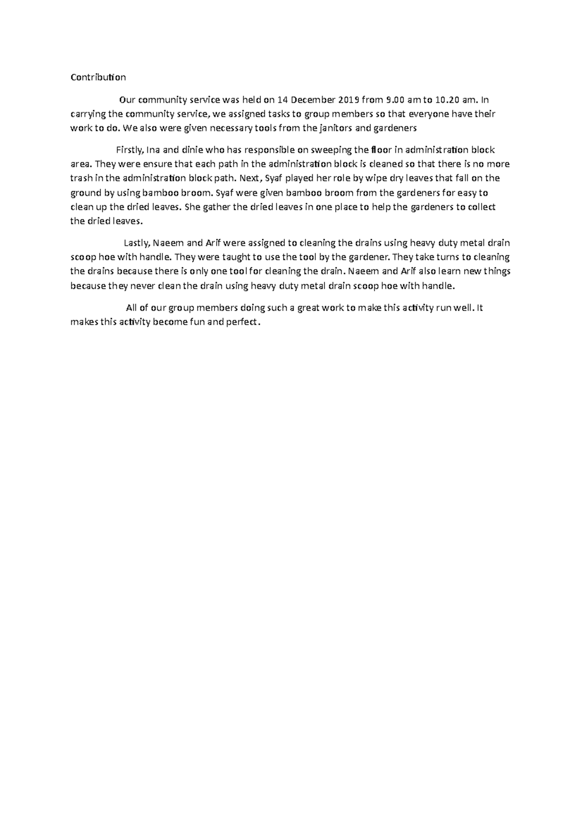 Contribution - Contribution Our community service was held on 14 ...