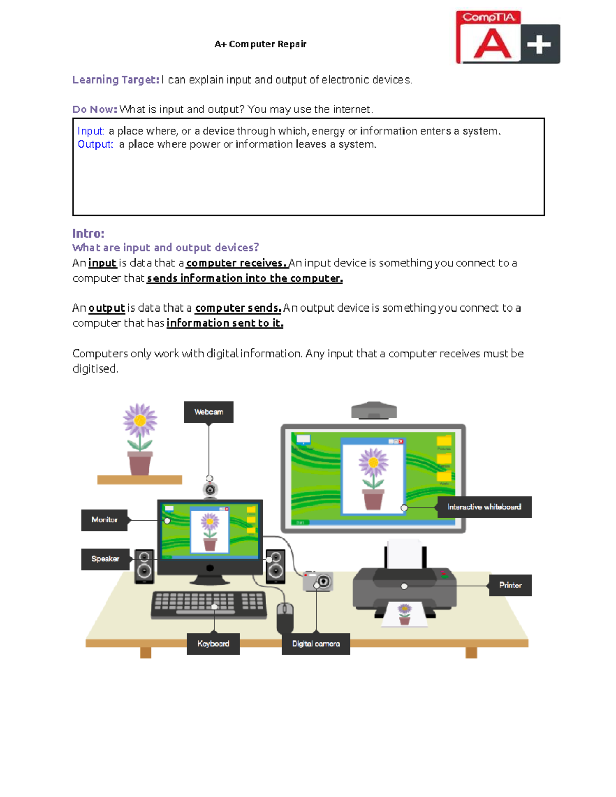 Ricardo Puma - Computer Repair - Lesson 13 Input and Output - Learning Target: I can explain ...