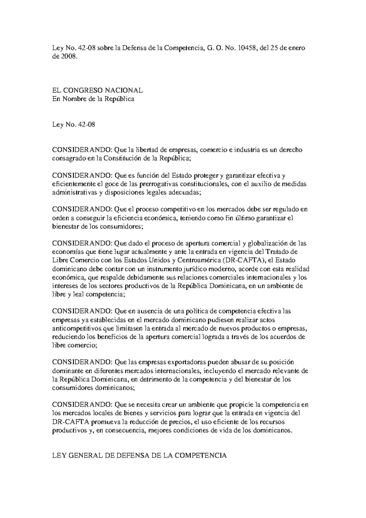 Ley-42-08 - Repaso - Ley No. 42-08 sobre la Defensa de la Competencia ...