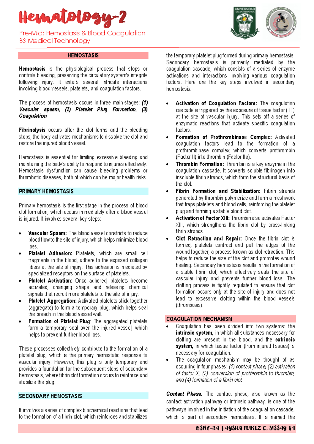 Hemostasis- Hematology 2 - BS Medical Technology HEMOSTASIS Hemostasis ...