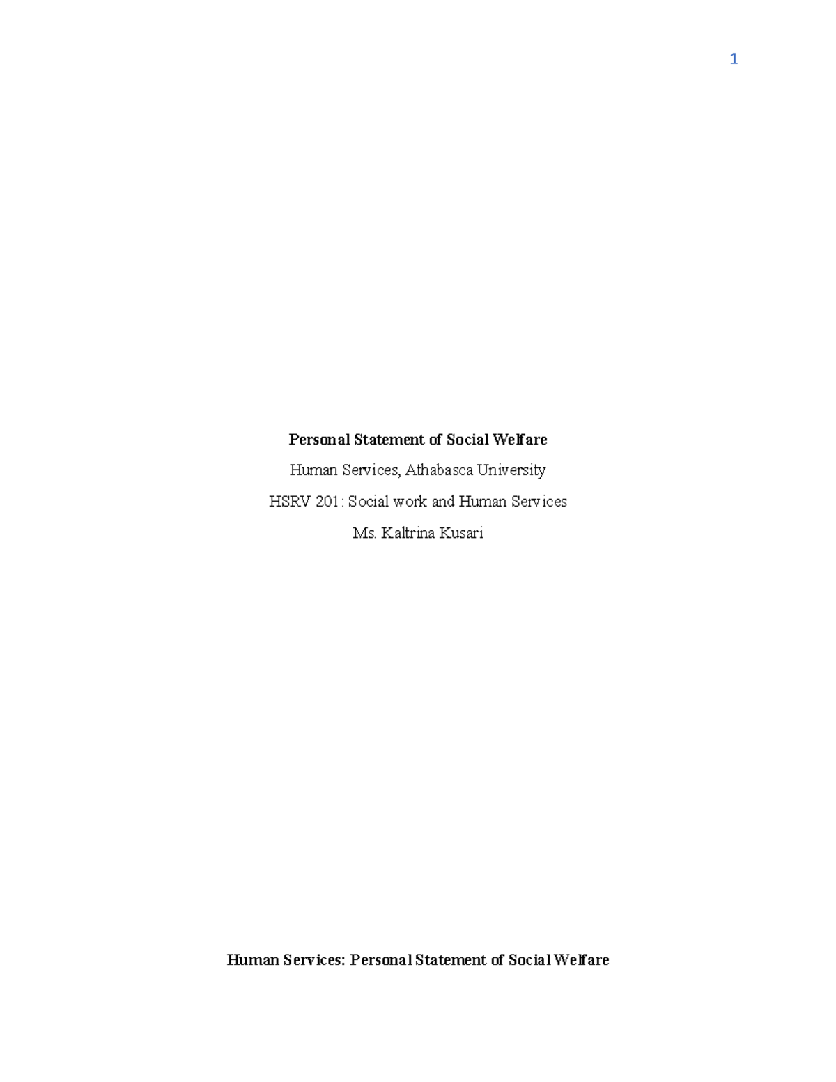 HSRV 201 - assignment - Personal Statement of Social Welfare Human ...