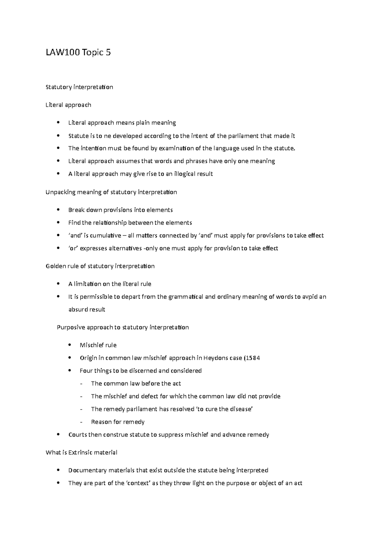LAW100 Topic 5 - Statutory interpretation - LAW100 Topic 5 Statutory ...