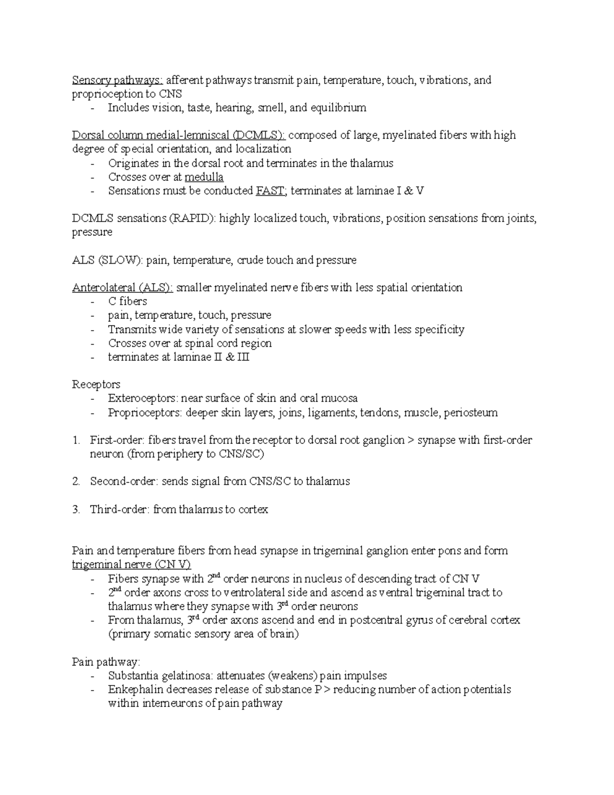 Sensory and Motor Pathways - Sensory pathways: afferent pathways ...