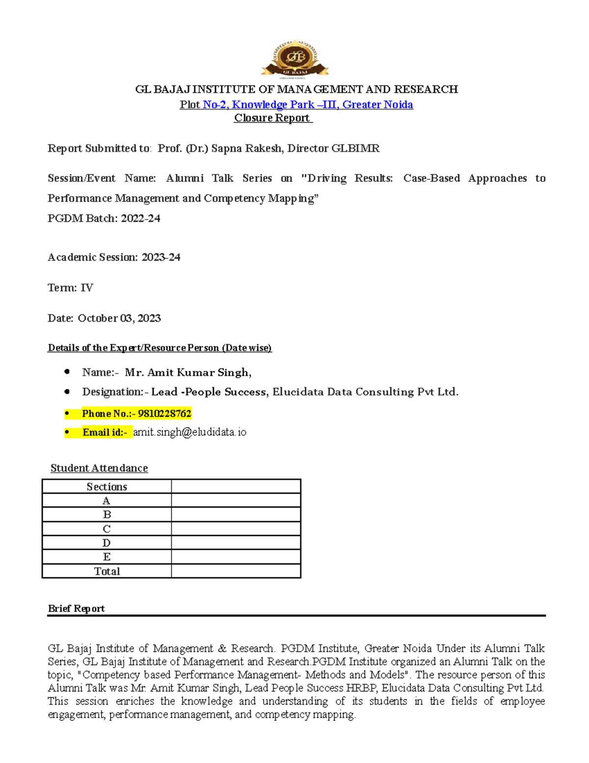 Closure Report - ATS Competency - GL BAJAJ INSTITUTE OF MANAGEMENT AND ...
