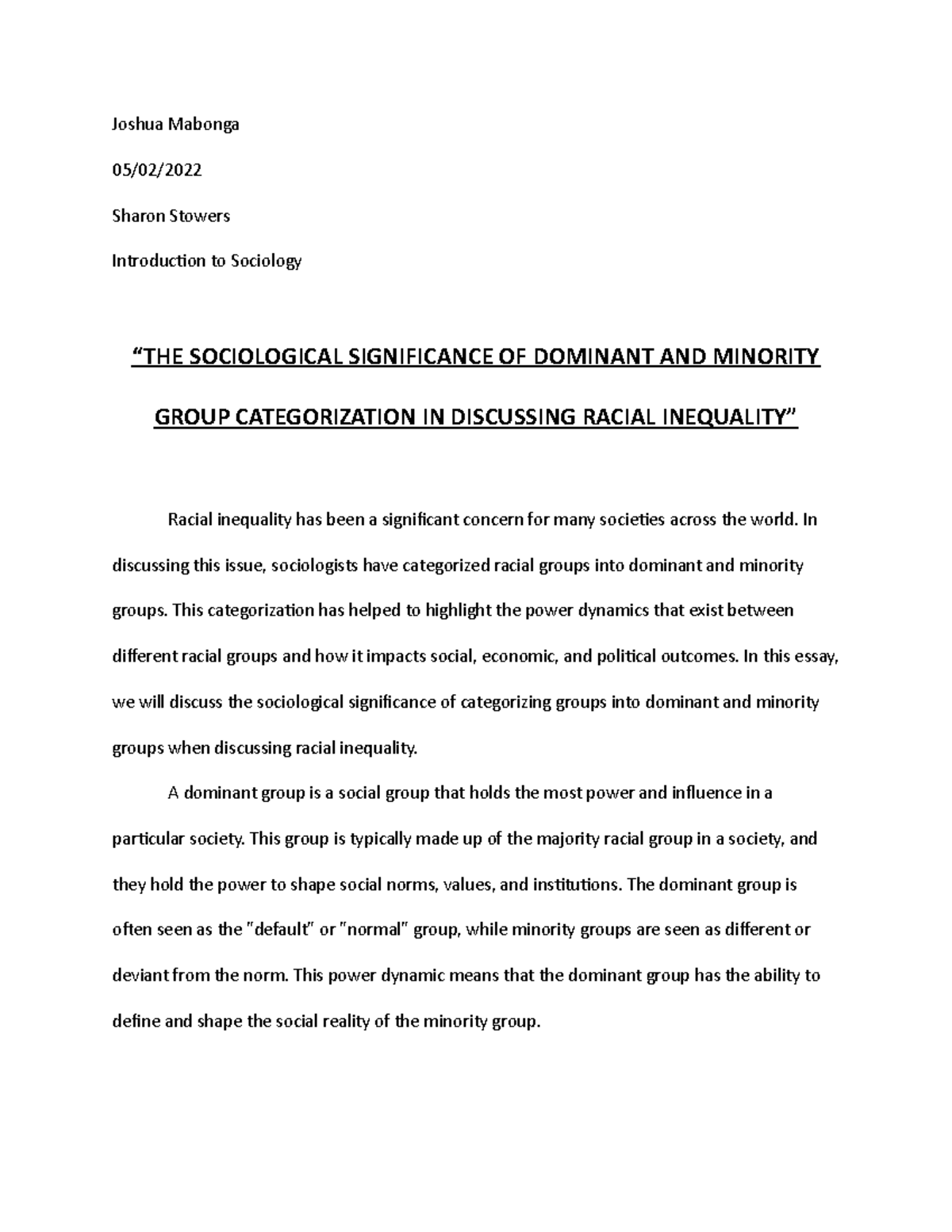 “THE SOCIOLOGICAL SIGNIFICANCE OF DOMINANT AND MINORITY GROUP ...