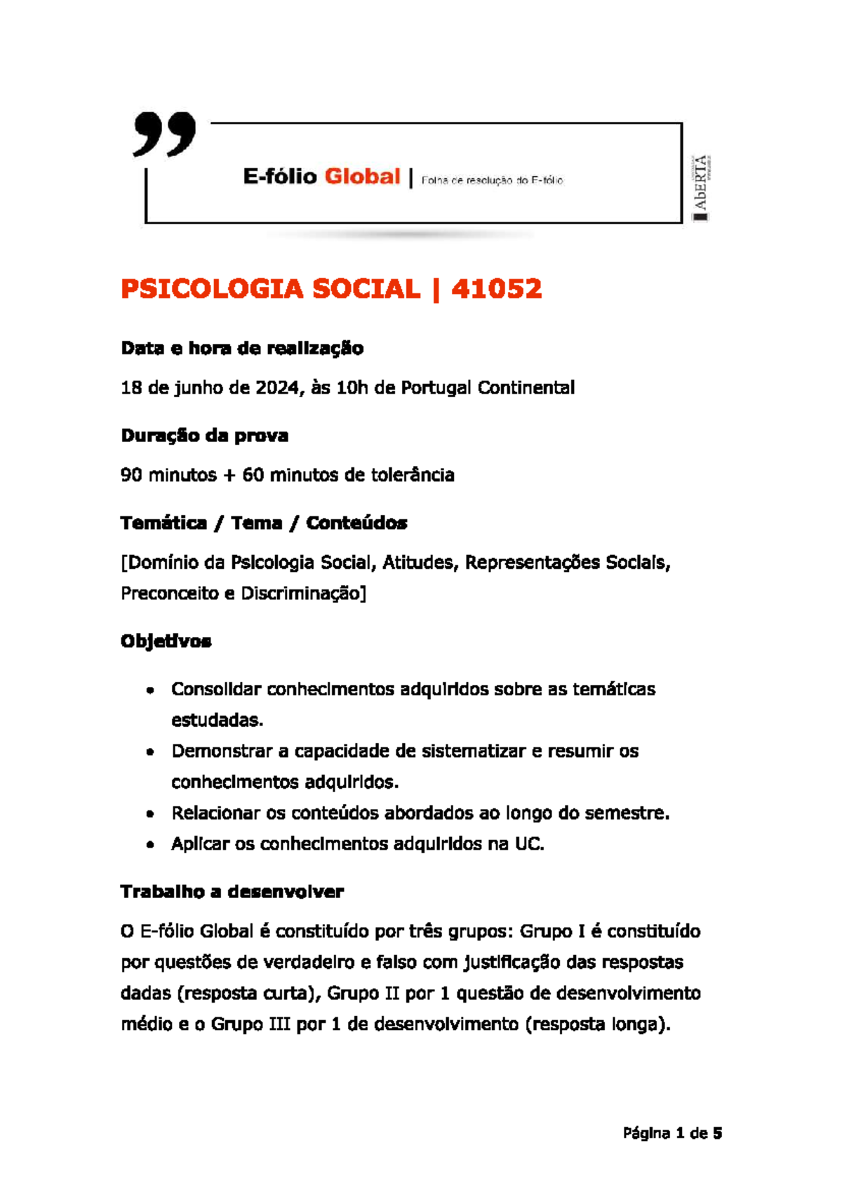 Efolio global - Global I Folha de resolução do APREST PSICOLOGIA SOCIAL ...