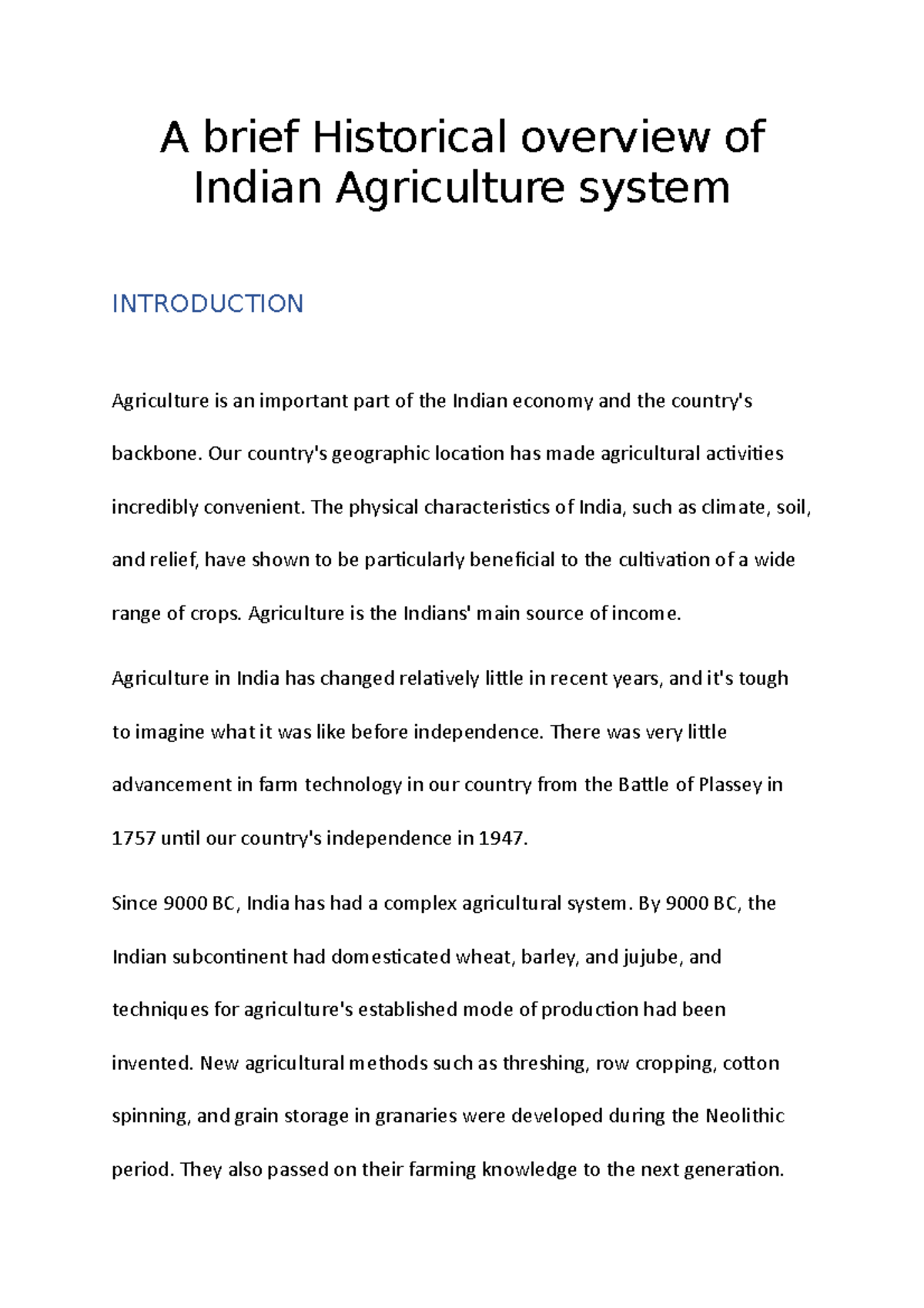 A brief Historical overview of Indian Agriculture system - A brief ...