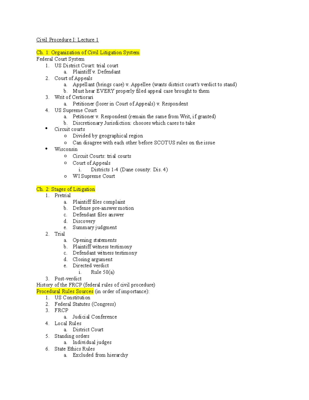 Civil Procedure Lecture 1: Intro to Civil Procedure - Civil Procedure I: Lecture 1 Ch. 1: - Studocu