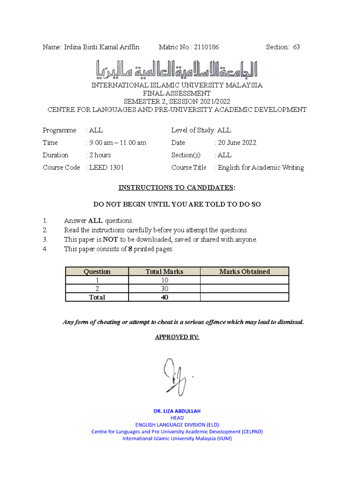 LEED 1301 FINAL Question Paper SEM 2 2021 2022 - Name: Irdina Binti ...