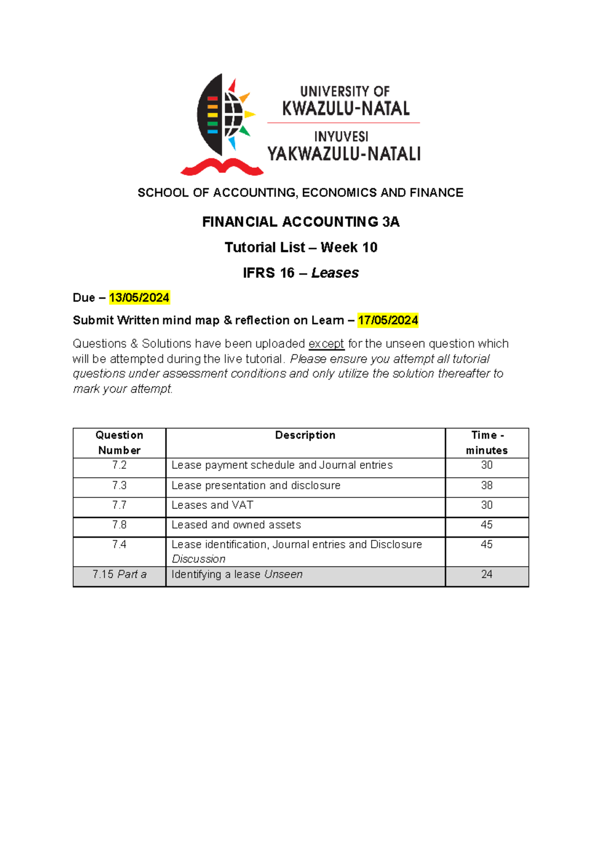 Leases Tutorial List - SCHOOL OF ACCOUNTING, ECONOMICS AND FINANCE ...