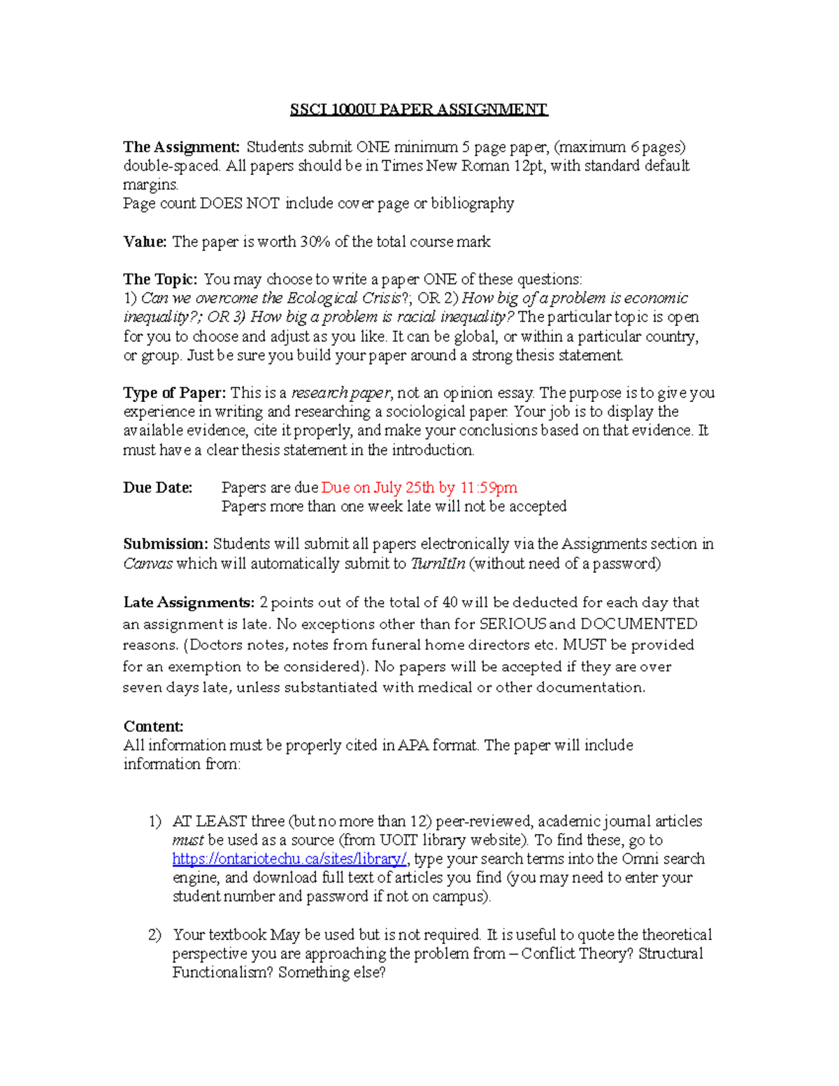 SOCI1000Paper Instructions S 2022 - SSCI 1000U PAPER ASSIGNMENT The ...