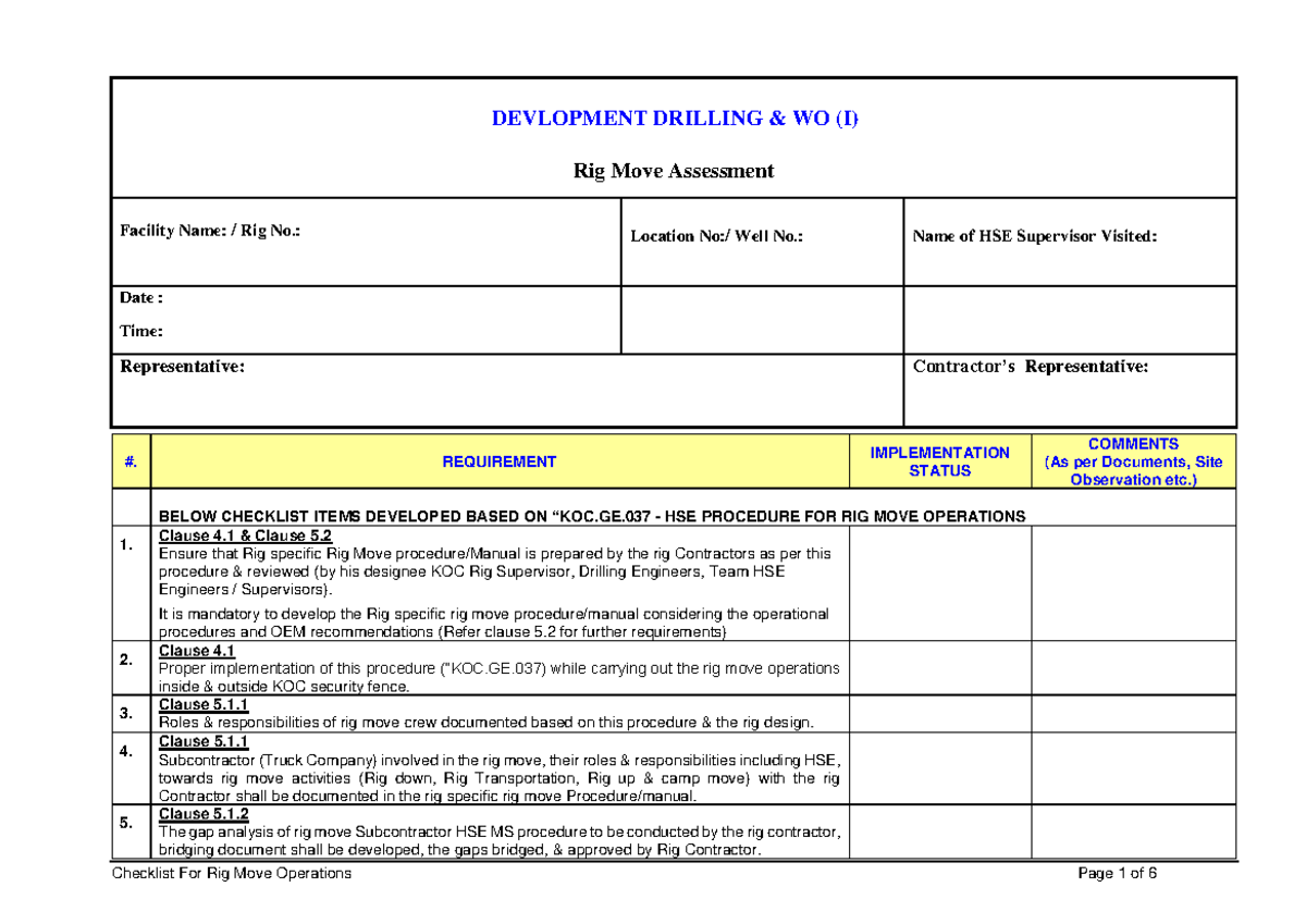 Checklist for rig move - #. REQUIREMENT IMPLEMENTATION STATUS COMMENTS ...