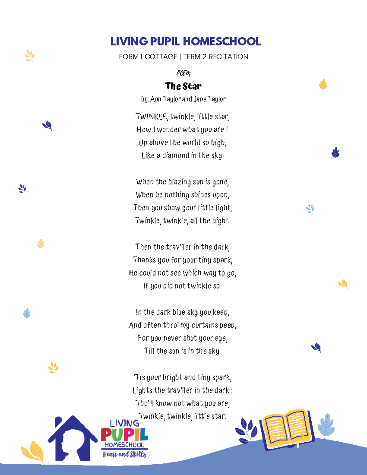Form 1-A Recitation Term 2 - TWINKLE, twinkle, little star, How I ...