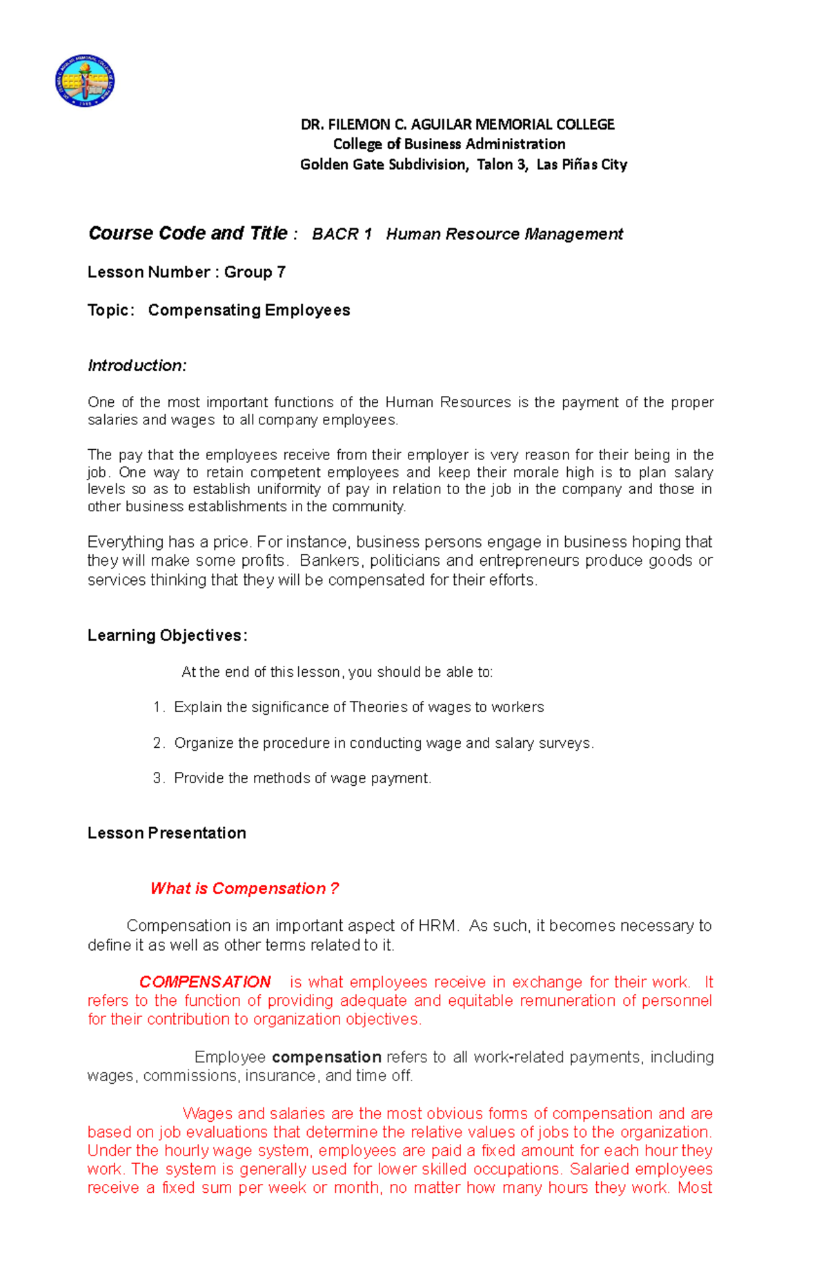 Group 7 Compensating Employees - DR. FILEMON C. AGUILAR MEMORIAL ...