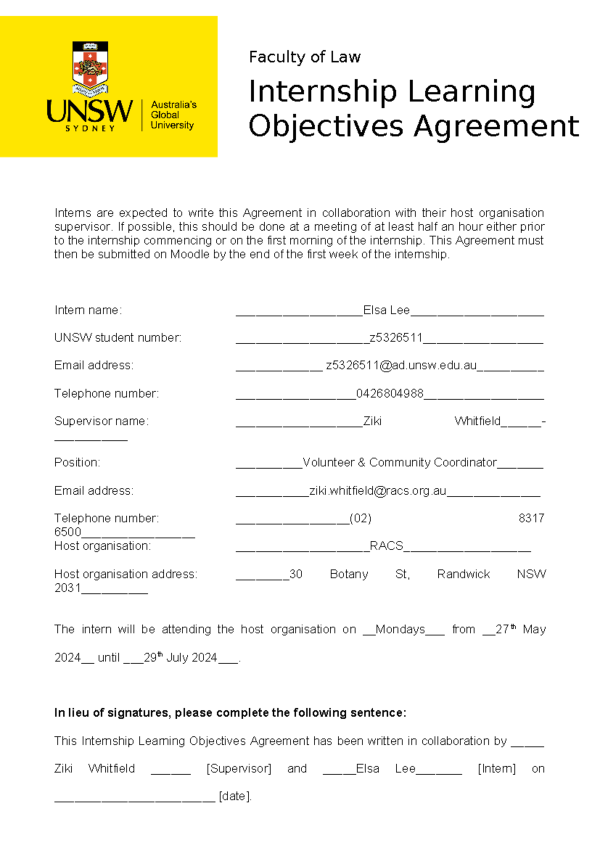 Internship Learning Objectives Agreement - Faculty of Law Internship ...