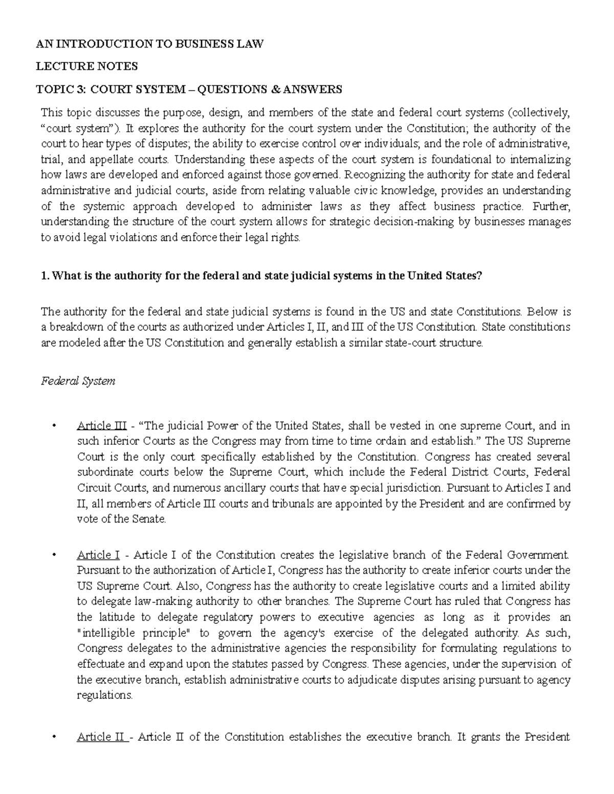 Business LAW (Court System - Questions & Answers) - AN INTRODUCTION TO ...