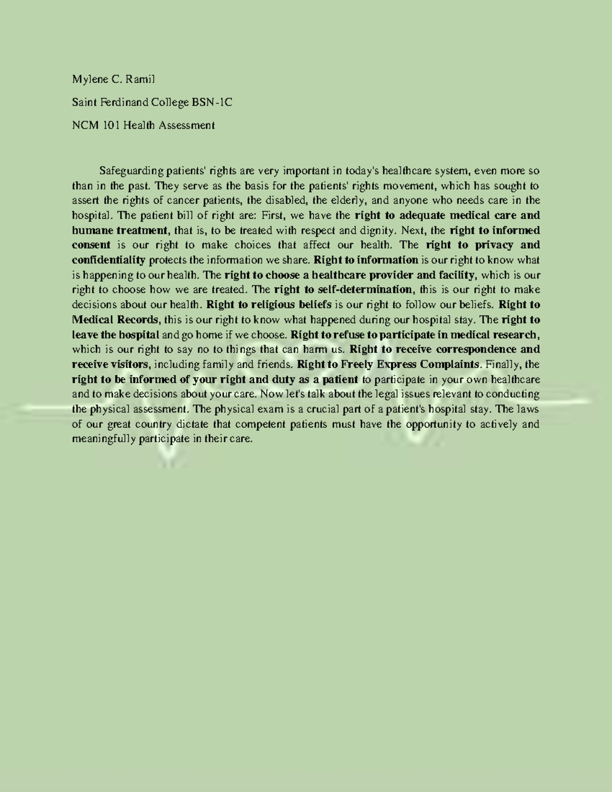 NCM 101 HA Finals - Mylene C. Ramil Saint Ferdinand College BSN-1C NCM ...