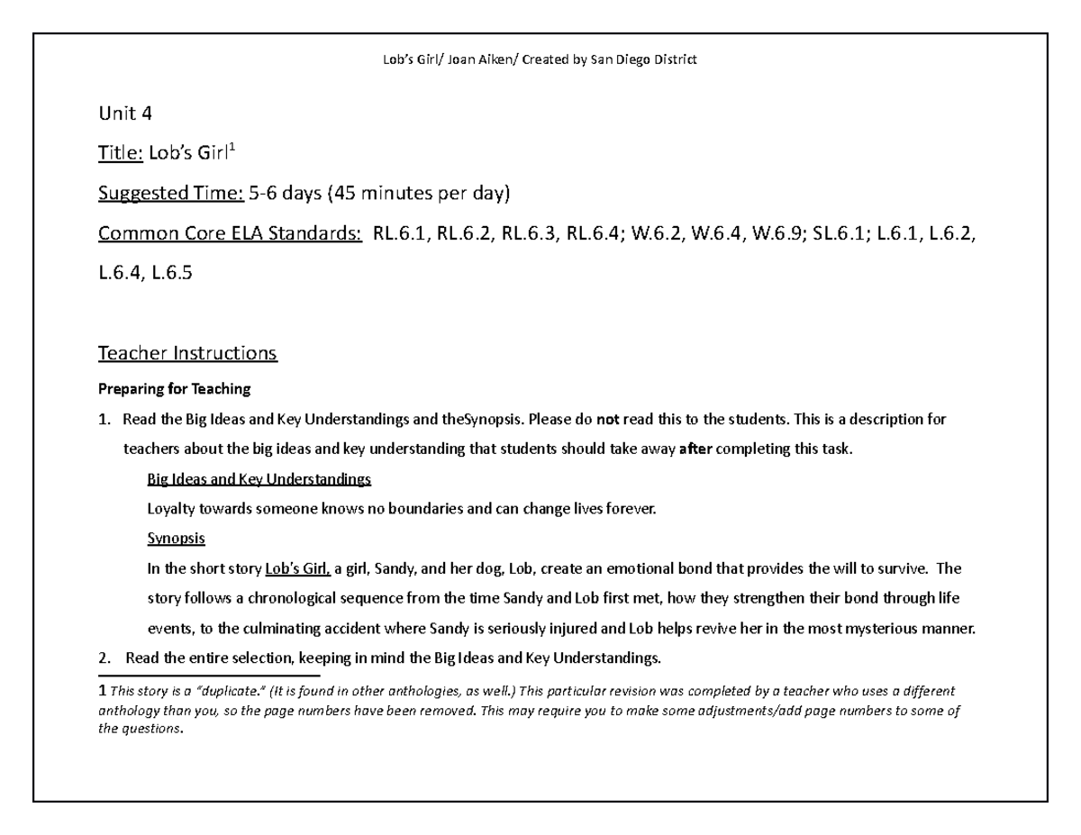 6. Lob's Girl. lesson - Story - Unit 4 Title: Lob’s Girl 1 Suggested ...