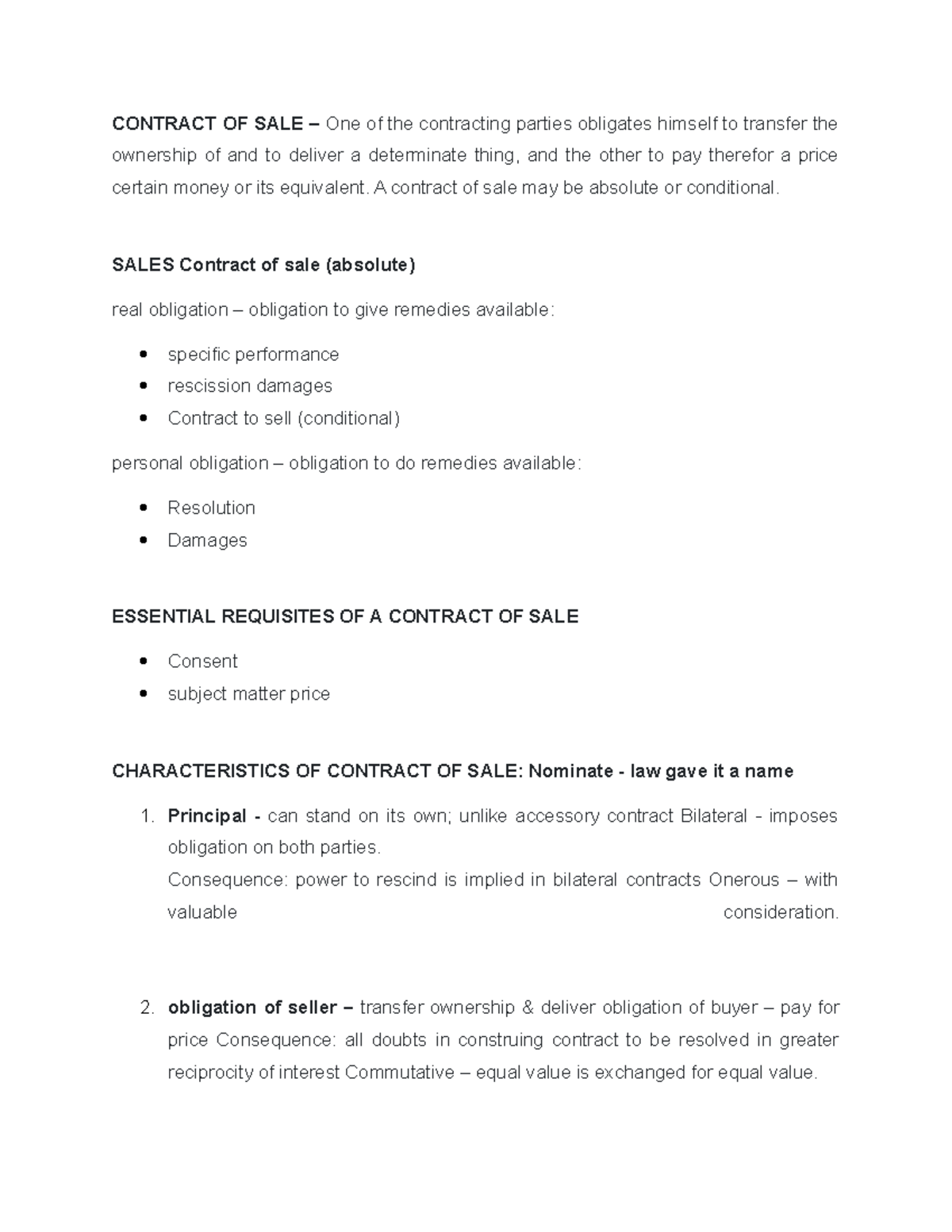 Contract OF SALE - CONTRACT OF SALE – One of the contracting parties ...