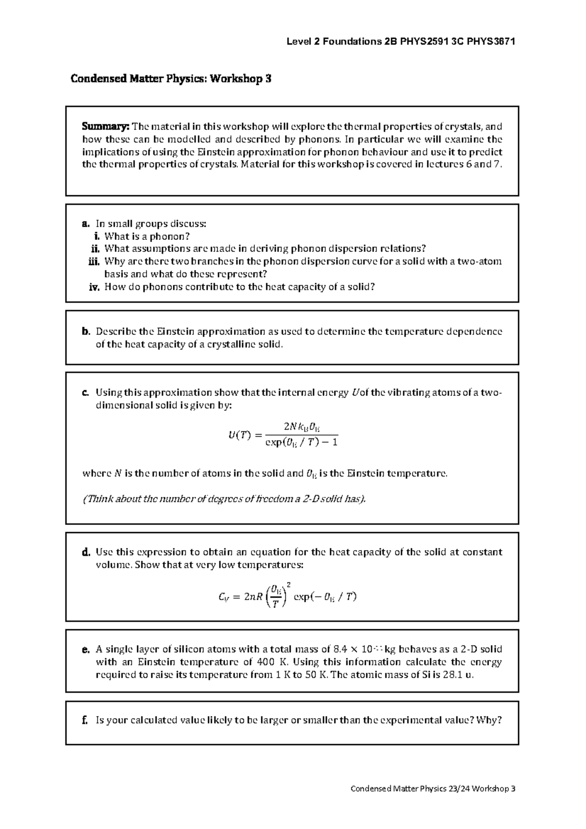 Example Workshop 3 Solutions - Level 2 Foundations 2B PHYS2591 3C PHYS ...
